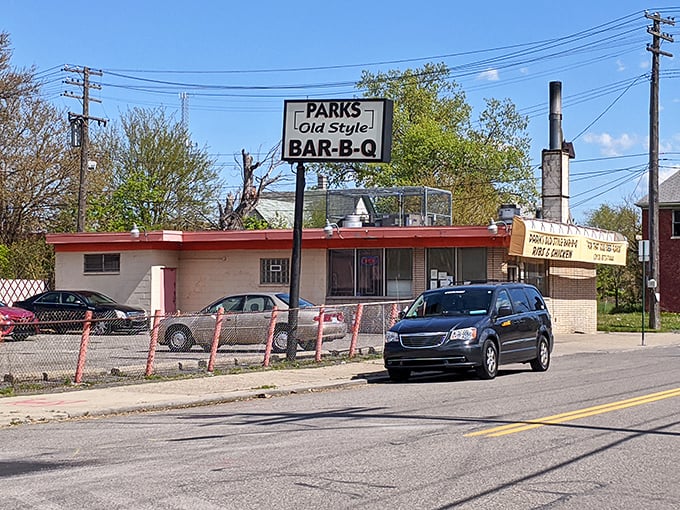 The unassuming exterior of Parks Old Style BBQ in Detroit – where culinary magic happens behind a façade that screams "the less fancy, the better the food."