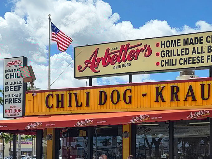 That bold yellow and red exterior isn't whispering – it's announcing the arrival of serious hot dog excellence to anyone within visual range.