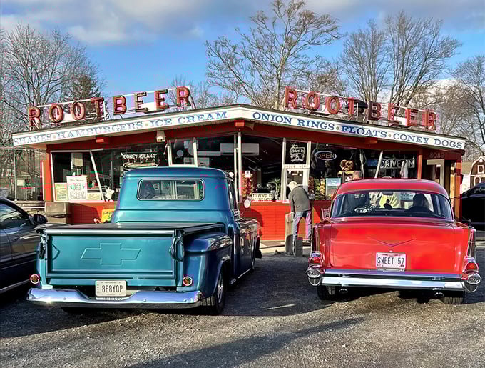 Vintage wheels and vintage meals – the perfect pairing at this roadside time machine. That turquoise pickup looks as lovingly maintained as the recipes served inside.