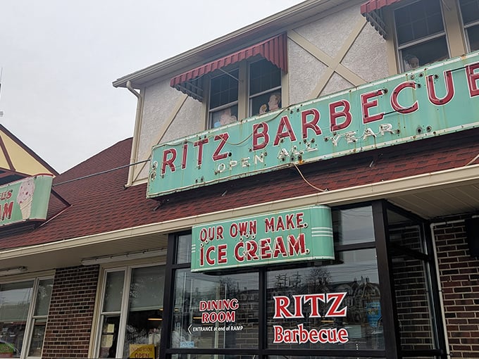 That weathered turquoise sign isn't just vintage charm—it's a beacon of hope for hungry travelers seeking authentic Pennsylvania comfort food.