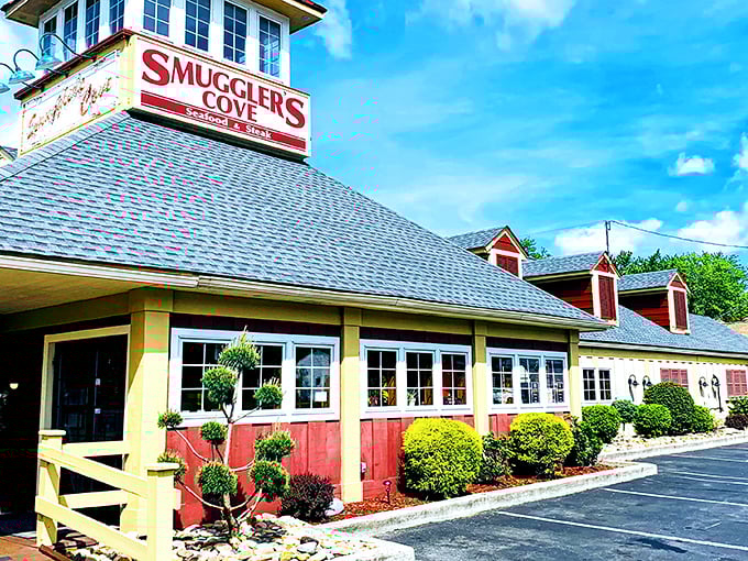 The cheerful yellow exterior with bold red trim stands like a maritime beacon in the Poconos, promising seafood treasures within.