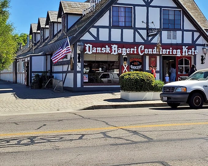 The storybook facade of Birkholm's Bakery isn't just Instagram-worthy—it's a portal to Denmark that somehow landed in sunny California, complete with traditional timber framing and welcoming vibes.