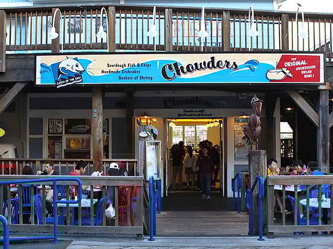 The blue and white beacon of Chowder's beckons seafood lovers with promises of sourdough-battered treasures from the deep.