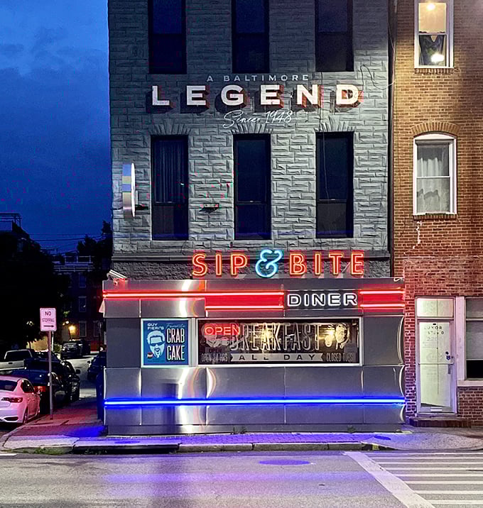 The neon glow of Sip & Bite beckons like a lighthouse for the hungry, promising salvation in the form of perfect pancakes and endless coffee refills.