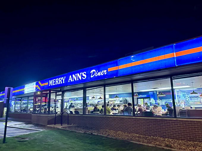 The blue and orange neon glow of Merry Ann's at night isn't just a sign—it's a beacon of hope for the breakfast-deprived masses of Champaign.