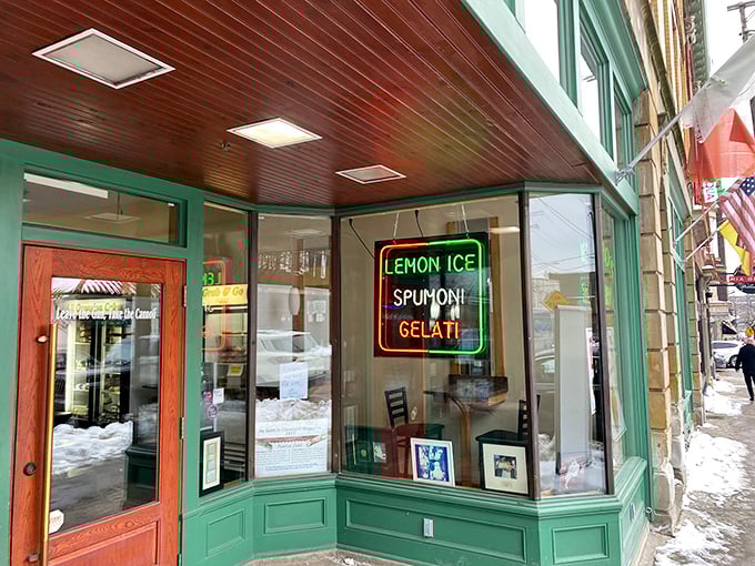 That neon sign isn't just advertising – it's a siren call to dessert lovers. Lemon ice, spumoni, and gelati await your willing surrender.