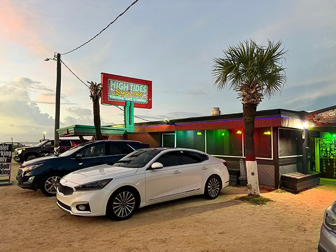 Neon dreams and sandy parking spots—High Tides at Snack Jack announces itself with unpretentious flair as the Florida sun begins its evening descent.