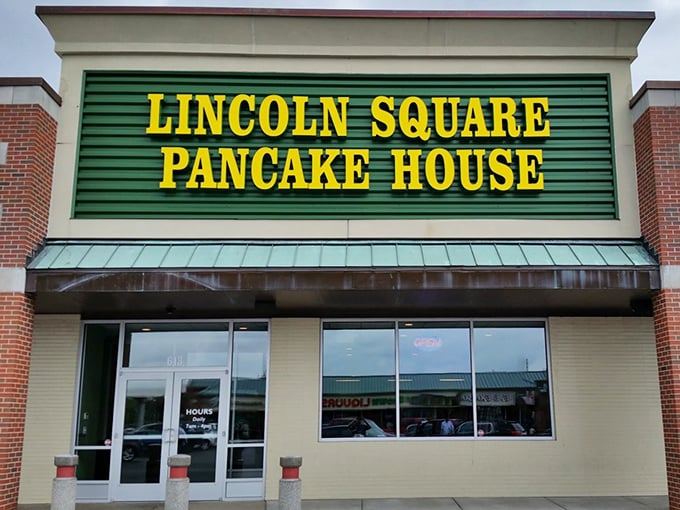 That bold yellow sign isn't whispering—it's announcing pancake greatness to anyone within eyeshot of this Indianapolis treasure.