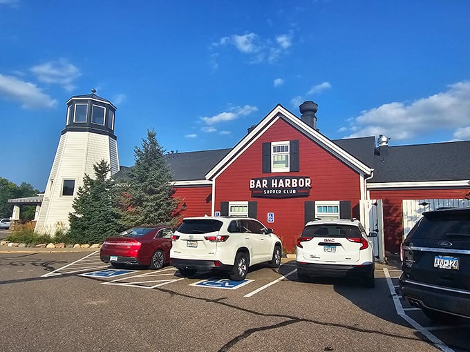 The iconic red barn exterior with its lighthouse beacon practically screams "turn here for good food!" A slice of Maine in Minnesota's lake country.