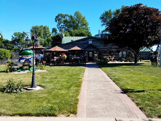 A wide-angle view showing the full approach to this woodland dining oasis. Those umbrellas aren't just for show—they're reserving prime real estate.