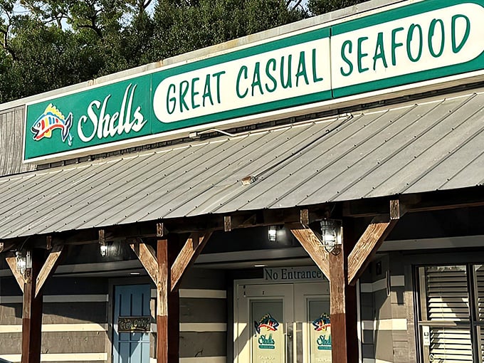 The green and white sign promises "GREAT CASUAL SEAFOOD" – a declaration that's both a mission statement and a delicious spoiler alert.