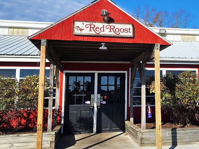 Like a culinary lighthouse on Maryland's Eastern Shore, The Red Roost's vibrant facade stands ready to guide hungry travelers home.