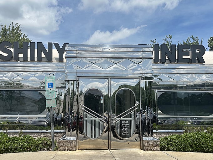 Not just a name—The Shiny Diner's mirrored entrance reflects your hunger back at you, doubling the anticipation.