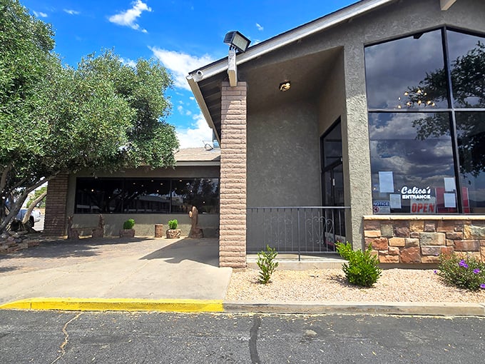 The desert sun plays off Calico’s rugged architecture, where stone accents and desert greenery create an inviting oasis for hungry travelers along Route 66.