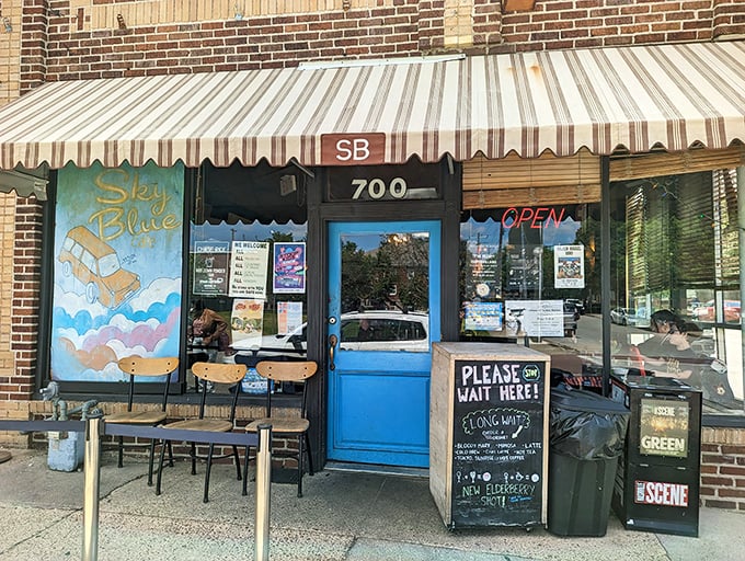 The bright blue door of Sky Blue Cafe welcomes hungry Nashvillians like a breakfast beacon in East Nashville's brick landscape.