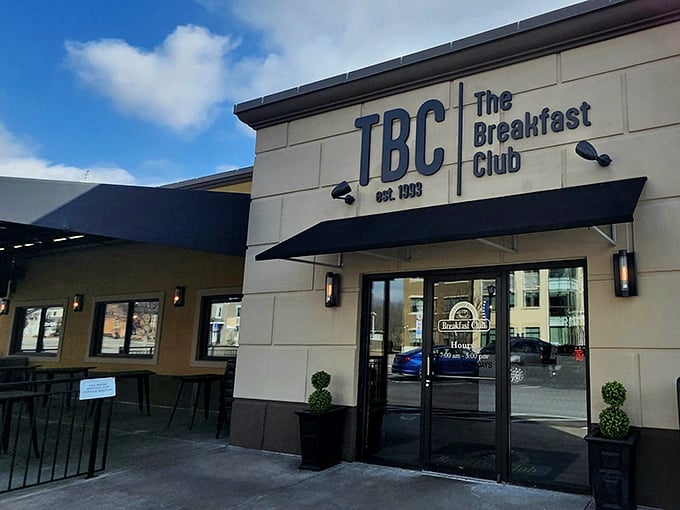 The bright yellow exterior of TBC beckons like a breakfast lighthouse, guiding hungry souls to their morning salvation in Lebanon.