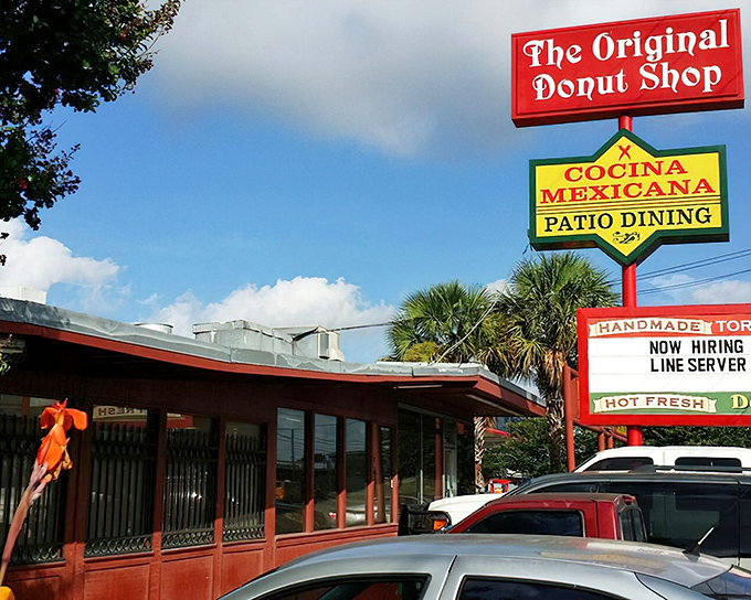The iconic red and yellow sign says it all – donuts and Mexican food under one roof. San Antonio's culinary odd couple that somehow works perfectly together.