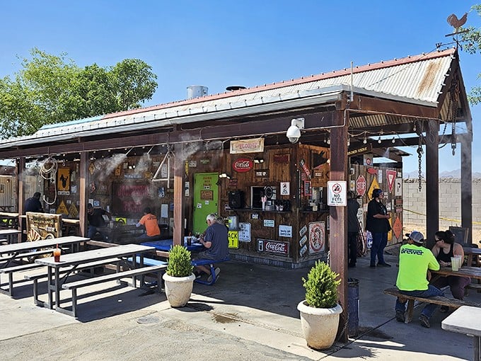 This weathered wonderland of wood and whimsy is where BBQ dreams come wrapped in tortillas.