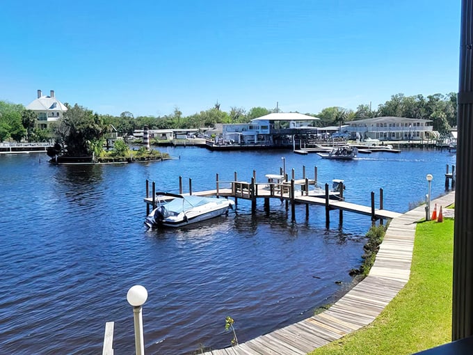 Wooden docks stretch into crystal-blue waters where boats wait patiently. This isn't a postcard—it's Tuesday in Homosassa Springs.