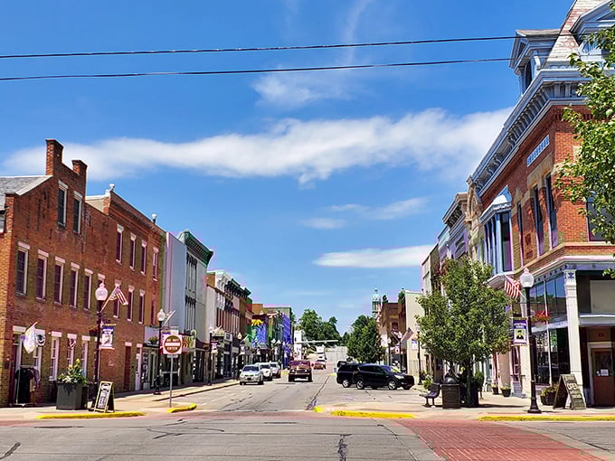 Jefferson Street welcomes you with its classic Midwestern charm – brick buildings standing proud like they've got stories to tell and plenty of time to share them.
