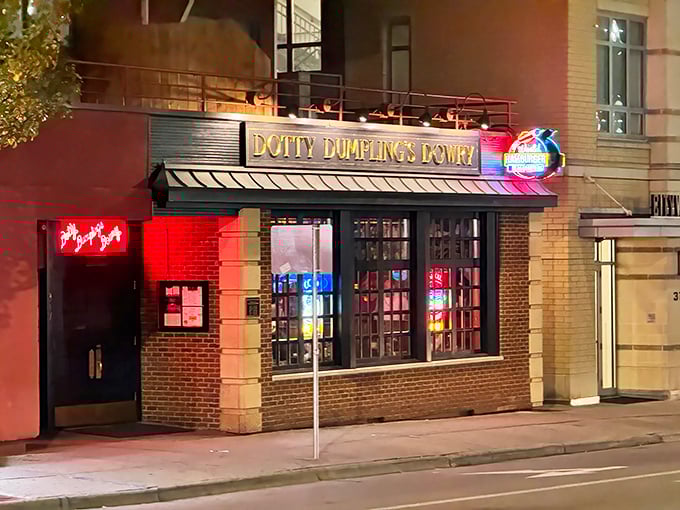 The neon glow of Dotty Dumpling's Dowry beckons hungry travelers like a lighthouse for the cheese-obsessed. Madison's burger temple awaits.