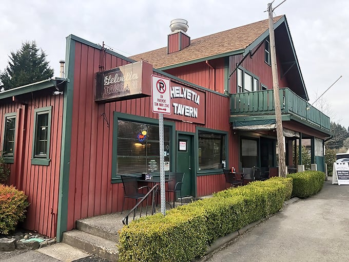 The iconic red exterior of Helvetia Tavern stands like a beacon of burger hope in the countryside. Rural Oregon's answer to fast food, only infinitely better.
