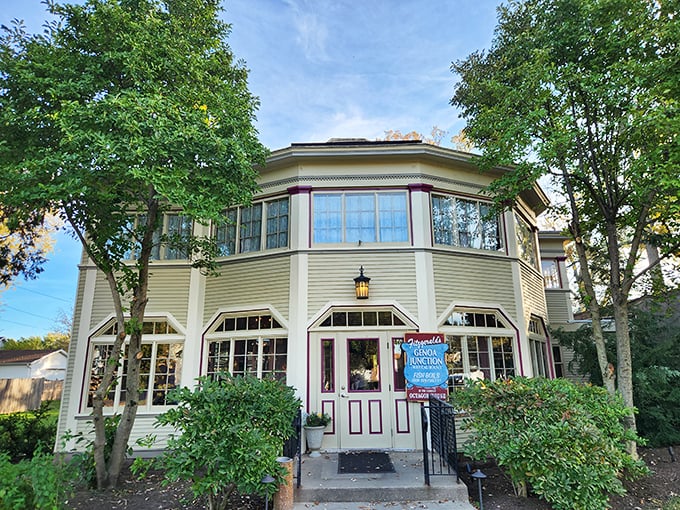 Fitzgerald's Victorian-style exterior stands like a culinary lighthouse, beckoning hungry travelers with its distinctive octagonal design and wrap-around windows.