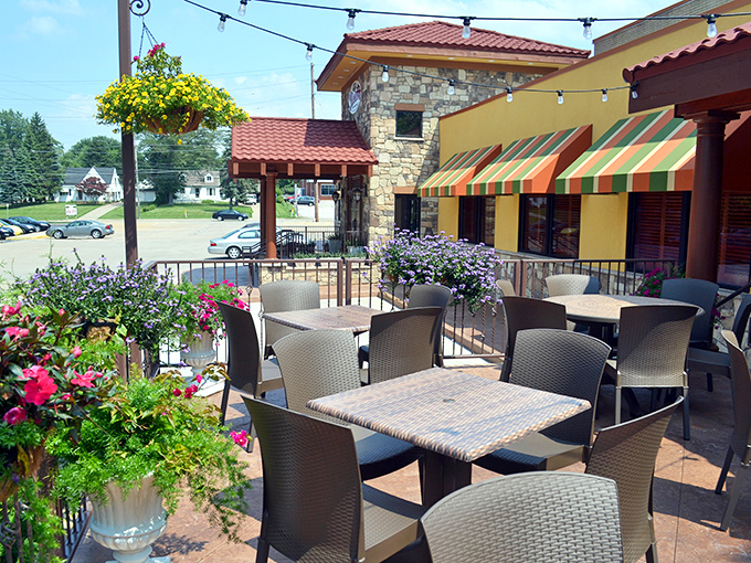 Summer dining perfection: Stancato's outdoor patio combines fresh air, colorful flowers, and the promise of pasta in your immediate future.