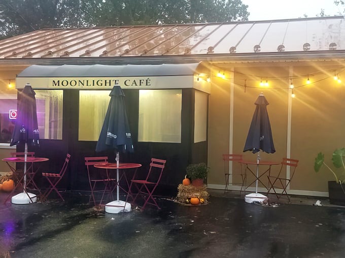 As evening approaches, string lights transform this humble eatery into a truly aptly-named "Moonlight" experience, where Italian comfort awaits beyond that glowing "OPEN" sign.