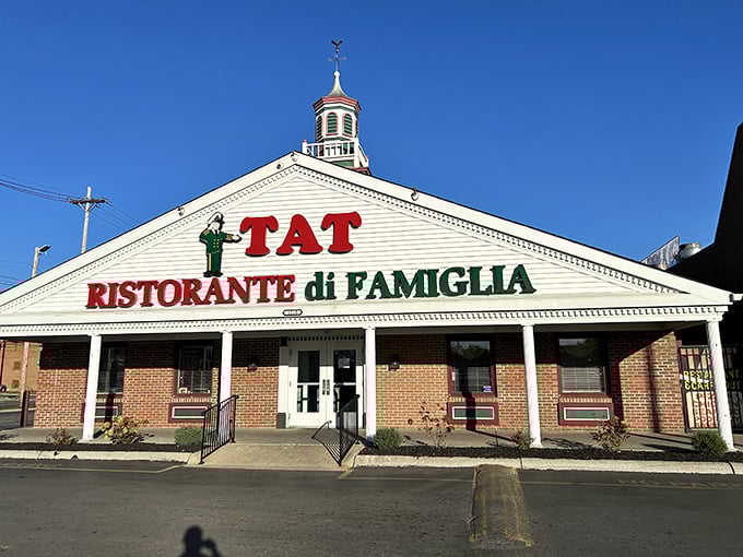 The iconic white facade of TAT Ristorante Di Famiglia stands proudly against the Ohio sky, like a beacon calling hungry travelers home.