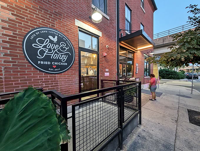 With its brick walls and glowing lights, Love & Honey Fried Chicken adds a touch of Southern warmth to Northern Liberties’ urban charm.