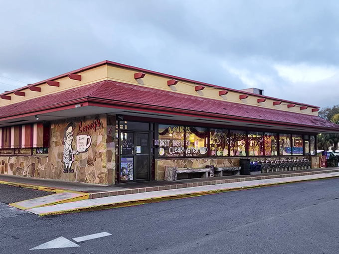 Sunset casts a warm glow on this stone-faced diner, where breakfast dreams come true from morning till mid-afternoon.
