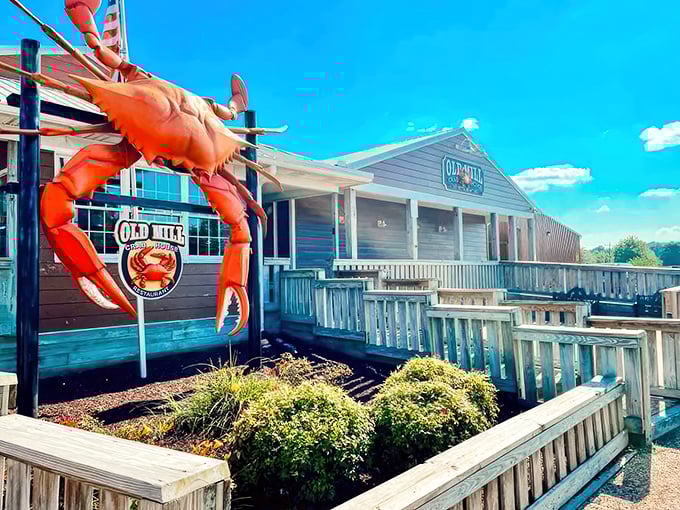 That giant red crab isn't just decoration—it's practically a lighthouse guiding hungry seafood lovers to this Delmar treasure.