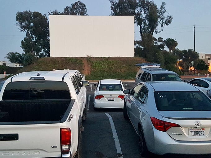 The classic white screen against the twilight sky – cinema in its most elemental form, where stories unfold under the stars.