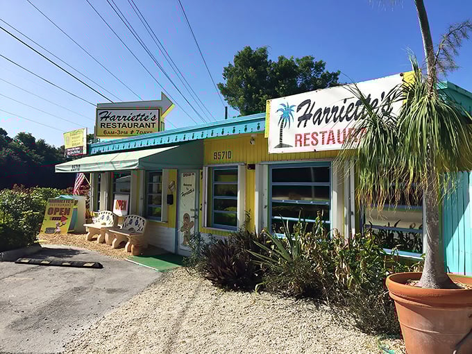 Another angle of Harriette's colorful facade – like finding a hidden treasure map where X marks the spot for breakfast bliss in the Florida Keys.