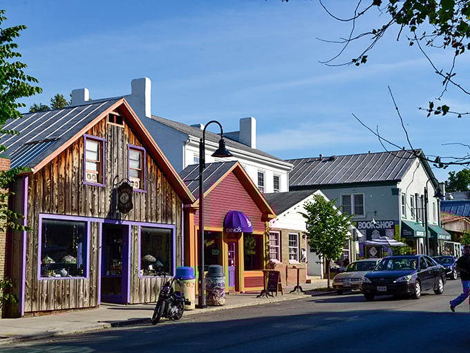 Colorful storefronts line Xenia Avenue, showcasing the town's artistic spirit. This isn't your average Main Street—it's a canvas of creativity and commerce.