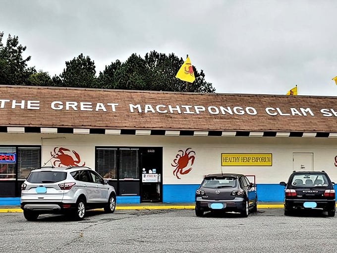 Where seafood dreams come true beneath a roof that proudly announces its mission. Those crab paintings aren't just decoration—they're a preview.