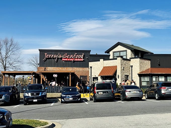Jerry's Seafood stands proudly in Bowie, its brick and stone façade promising seafood treasures within. The "Home of the Crab Bomb" sign isn't just marketing—it's a delicious warning.