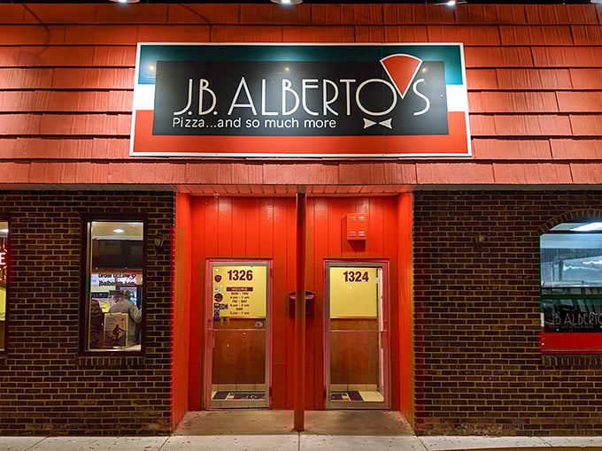 The bold red exterior of J.B. Alberto’s shines with old-school charm, calling late-night pizza lovers to their slice of Chicago comfort.
