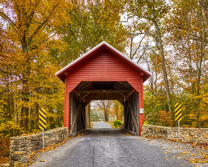Like autumn decided to throw a party and invited this charming red bridge as the guest of honor. Nature's perfect frame for Maryland's smallest covered bridge.