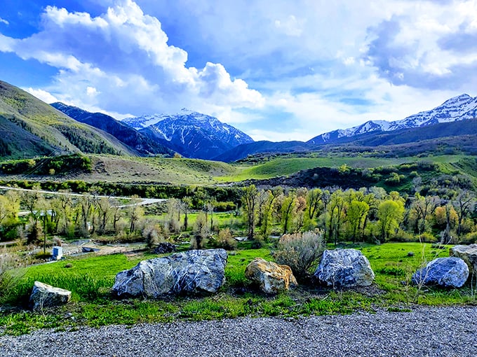 Mother Nature showing off her best work—rolling hills, majestic mountains, and spring greenery create Utah's perfect postcard moment.