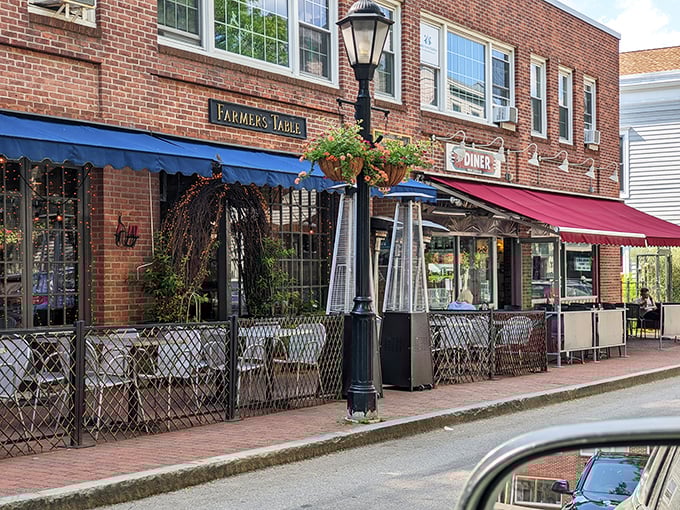 Classic Americana on full display along New Canaan's charming main street, where the diner's red awning beckons like an old friend inviting you home.