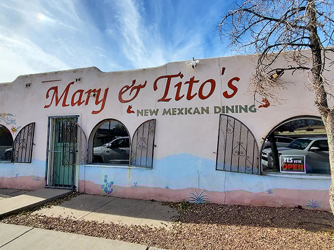 The pink adobe exterior of Mary & Tito's is like finding a treasure map in Albuquerque—unassuming, but promising extraordinary rewards within.