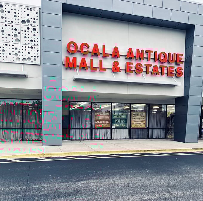 The modern storefront hides decades of history waiting inside, like a TARDIS for treasure hunters.