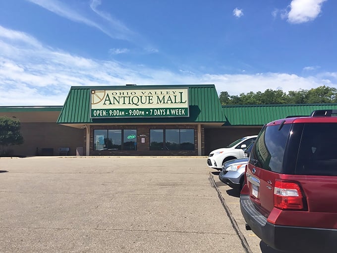 The unassuming exterior of Ohio Valley Antique Mall hides a universe of treasures within. Green roof, endless possibilities.