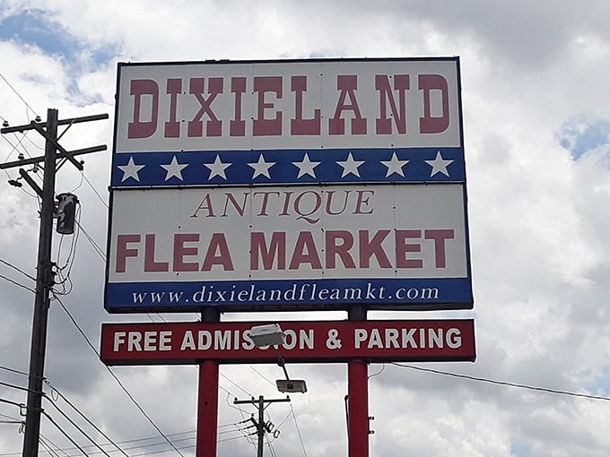 The iconic red, white, and blue sign beckons treasure hunters like a patriotic lighthouse guiding ships to shore. Free admission and parking? Now that's the American dream!