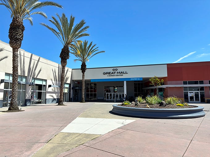 California sunshine greets bargain hunters at Entry 6, where palm trees stand like sentinels guarding the gateway to discount paradise.