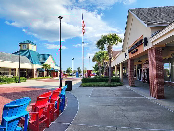 Those colorful Adirondack chairs aren't just for show—they're relationship savers when one partner needs "just five more minutes" in the next store.