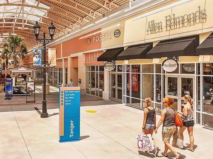 The pastel-colored storefronts at Tanger Outlets Charleston create a shopping oasis complete with palm trees and fountains—retail therapy with a Southern accent.