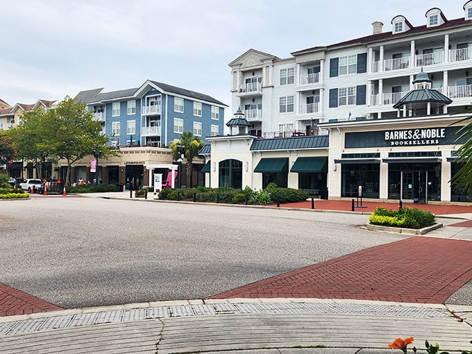 Barnes & Noble anchors this corner where coastal architecture meets retail therapy—proof that bookstores still have magical drawing power.